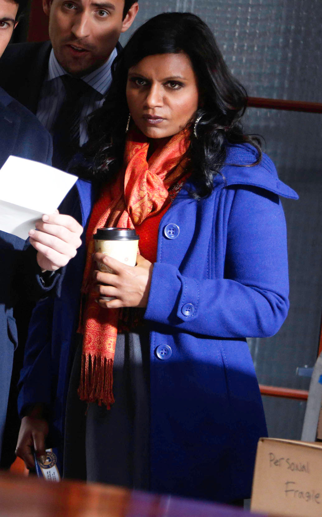 WornOnTV: Mindy’s blue jacket with ribbed collar and orange scarf on ...