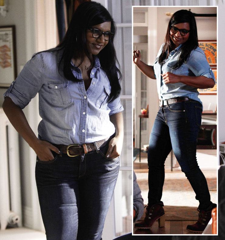WornOnTV: Mindy’s chambray shirt, wishbone necklace and lace up booties ...