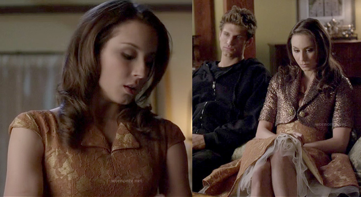 WornOnTV: Spencer’s gold jacquard dress and glitter bolero at the end of the Pretty Little Liars ...
