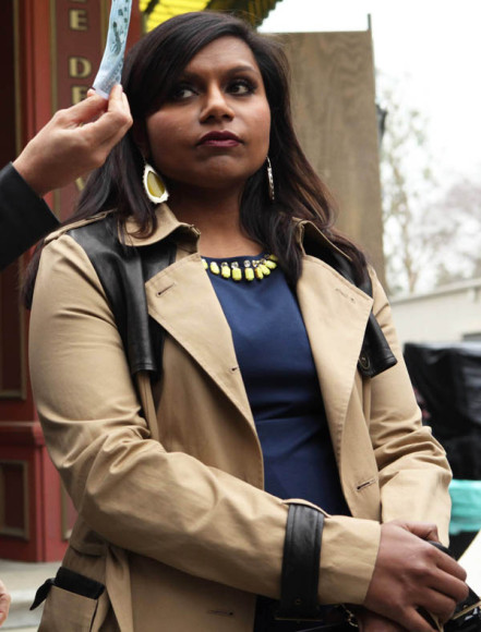 WornOnTV: Mindy’s navy blue dress with yellow bead detail and beige ...