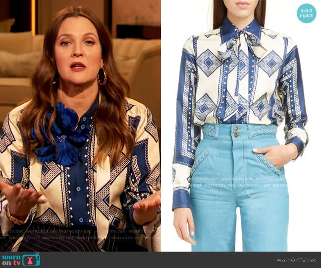 WornOnTV: Drew’s geometric print tie neck blouse on The Drew Barrymore Show | Drew Barrymore ...