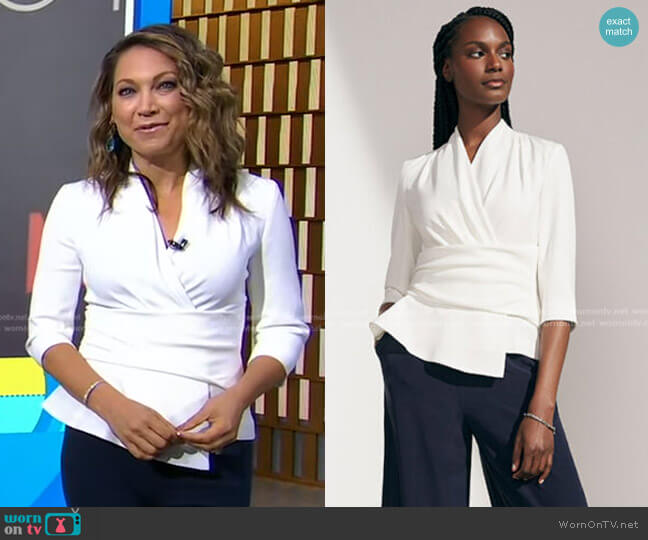 WornOnTV: Ginger’s white peplum wrap top on Good Morning America ...