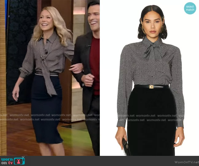 WornOnTV: Kelly’s printed tie neck blouse and skirt on Live with Kelly ...
