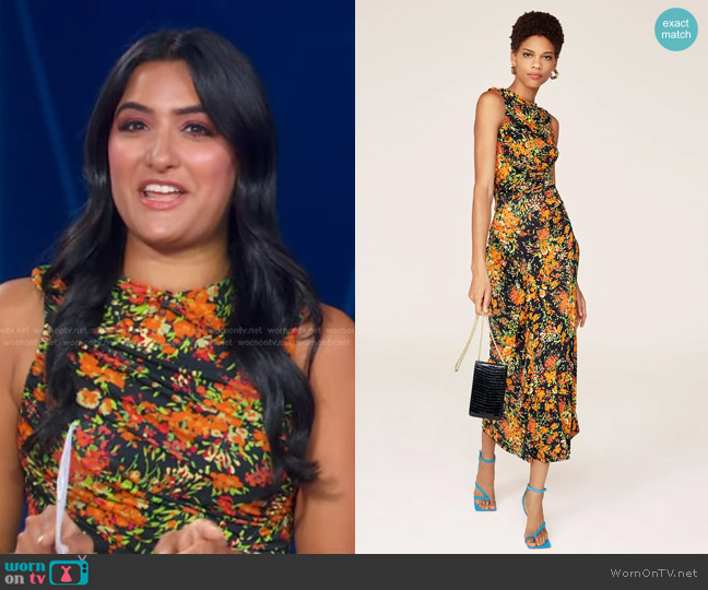 WornOnTV: Reena’s black floral ruched dress on Good Morning America ...