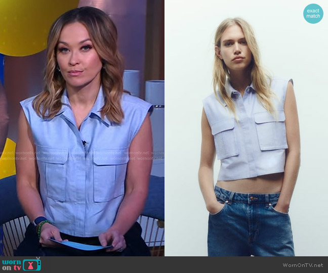 WornOnTV: Eva’s blue patch pocket top on Good Morning America | Eva ...