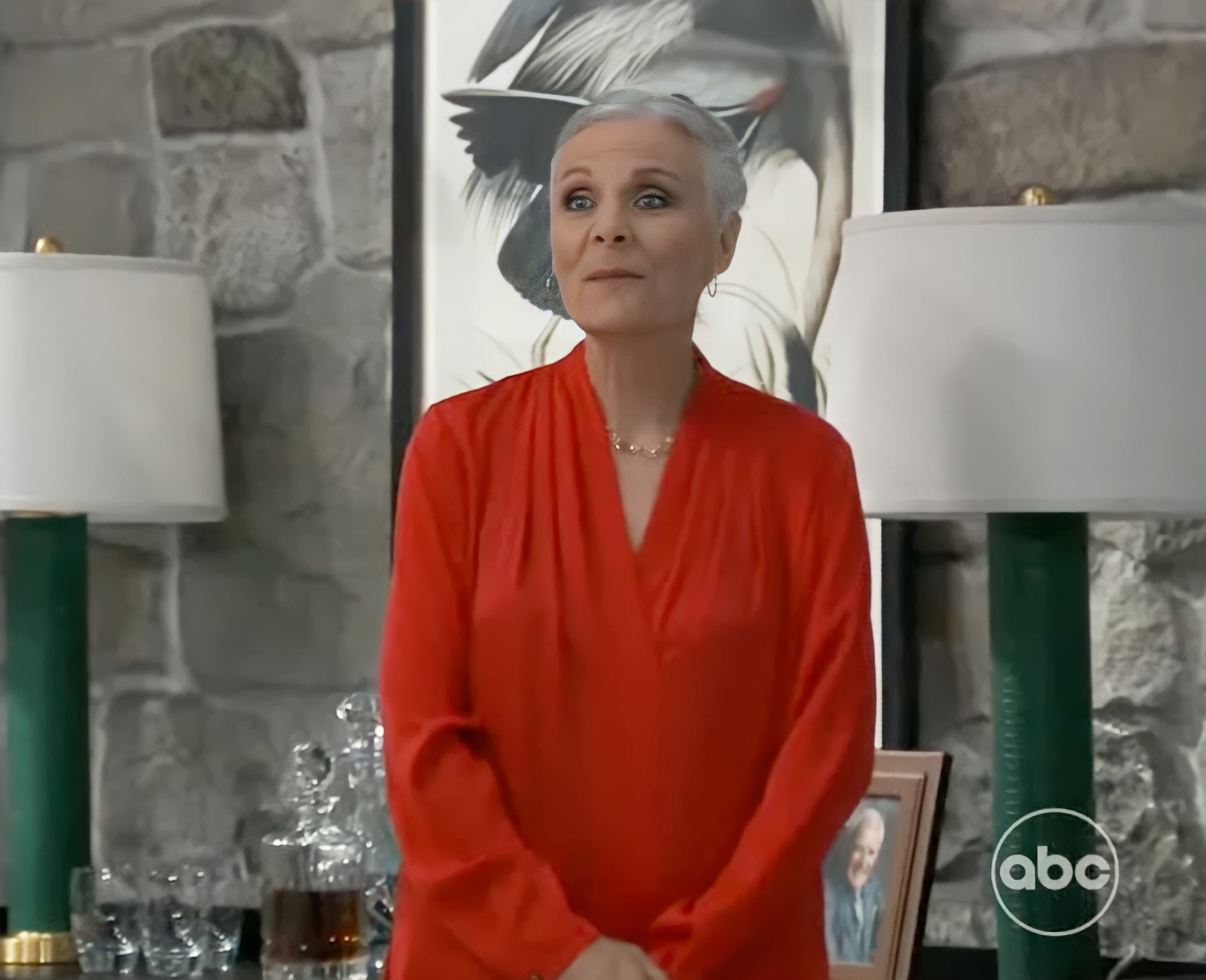 Silken Elegance: Tracy's Red V-Neck Elevates Daytime Drama | WornOnTV