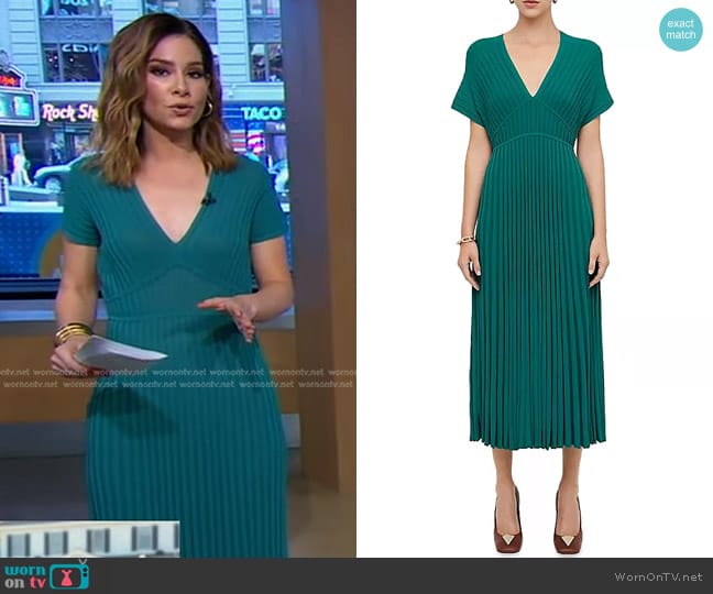 WornOnTV: Rebecca’s green pleated midi dress on Good Morning America ...