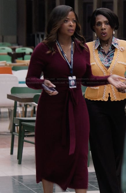 WornOnTV: Ava’s burgundy tie front wrap dress on Abbott Elementary ...
